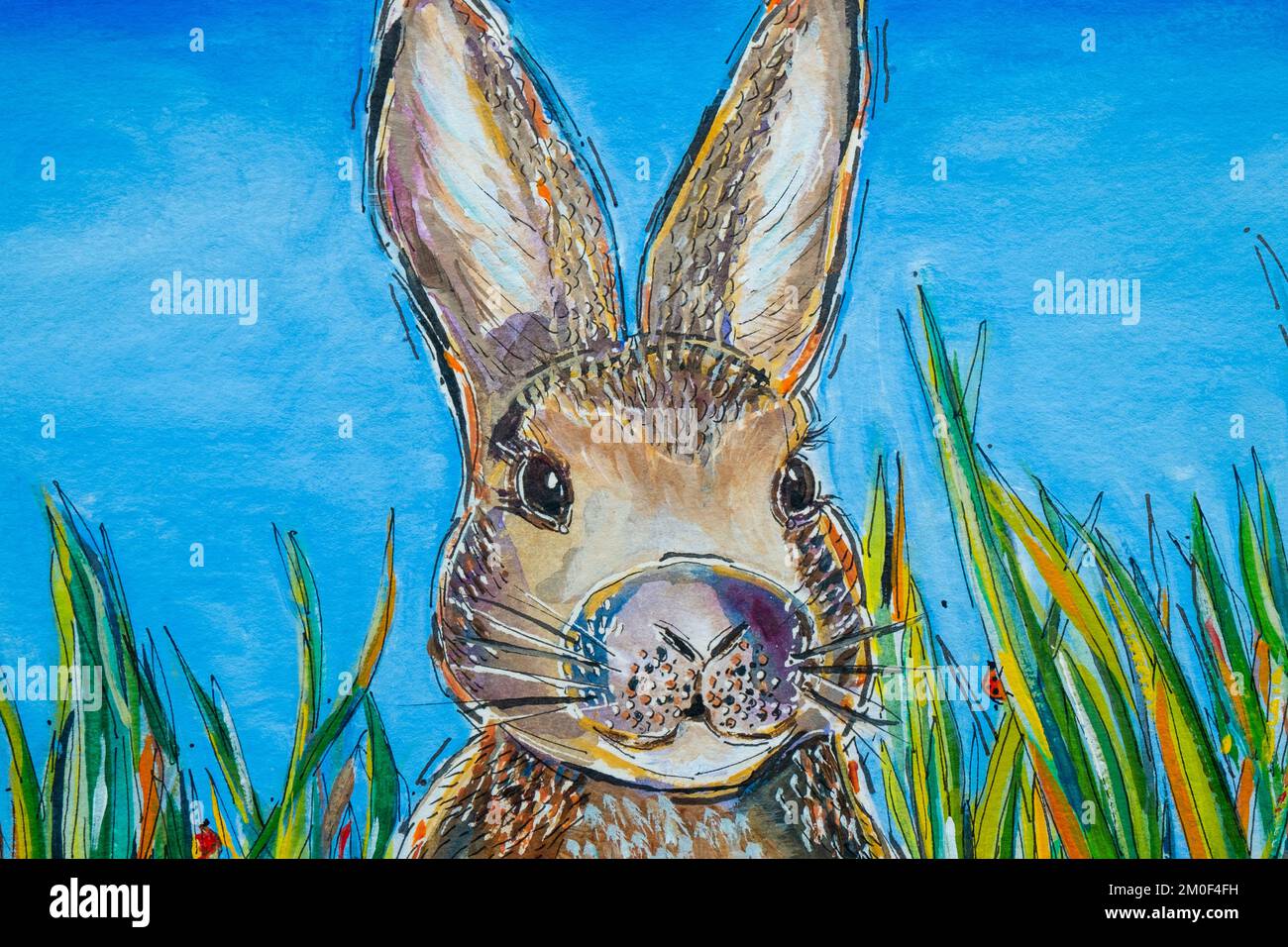 Vibrant multi-colored original acrylic painting on paper close up ...