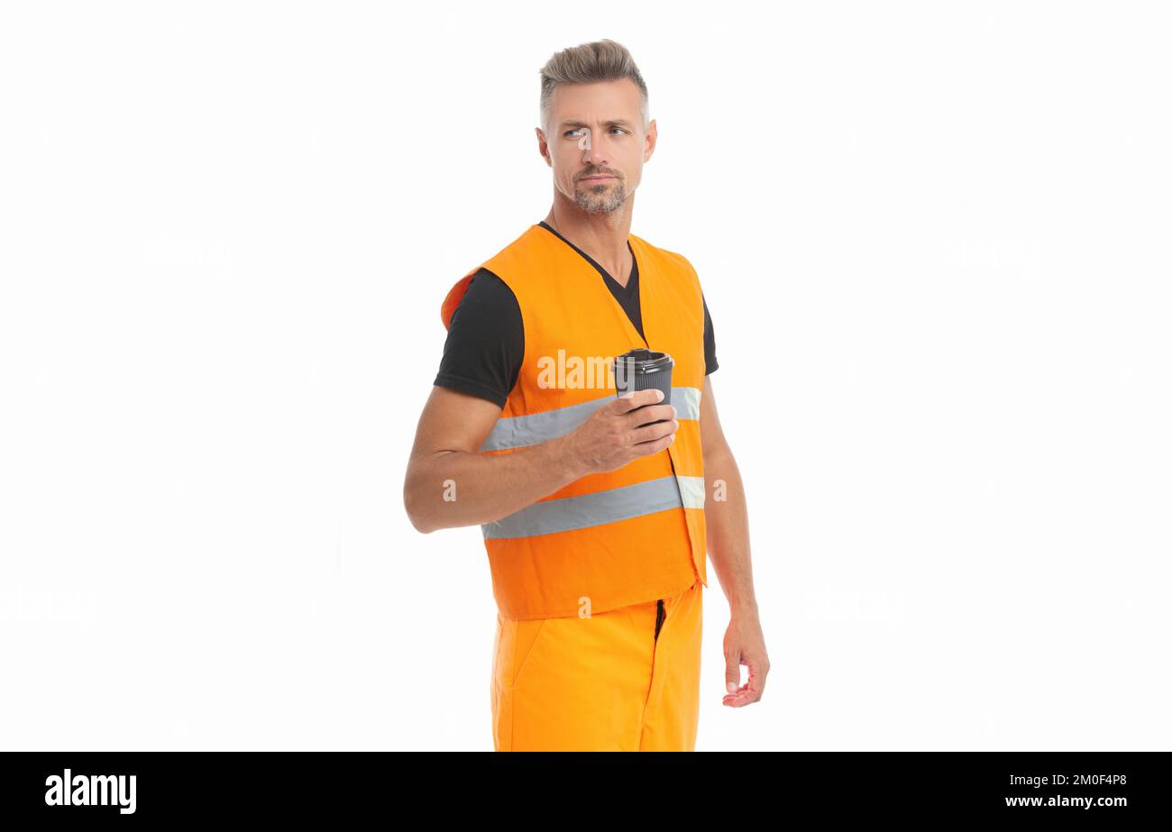 worker man wear working reflective vest. studio shot of man worker ...
