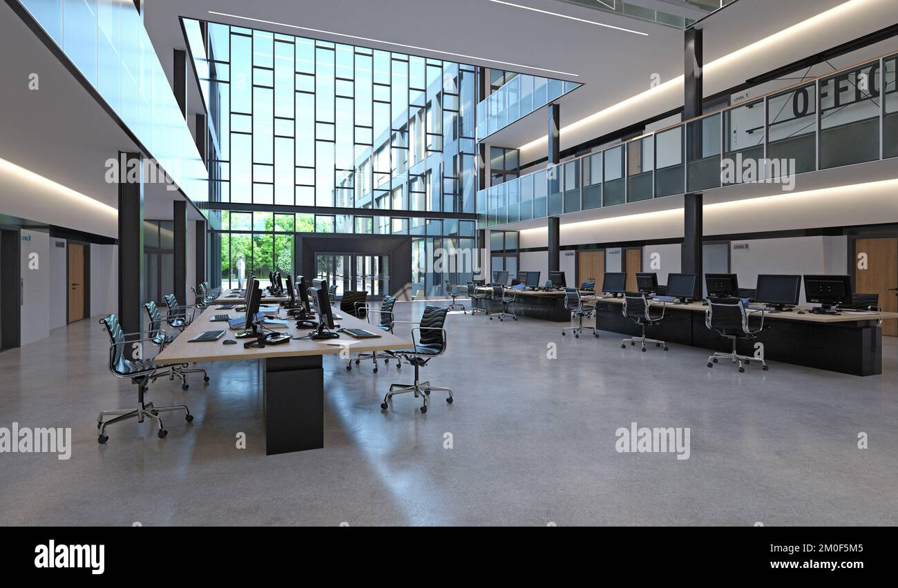 Modern office with open space and large windows. 3D Render Stock Photo ...