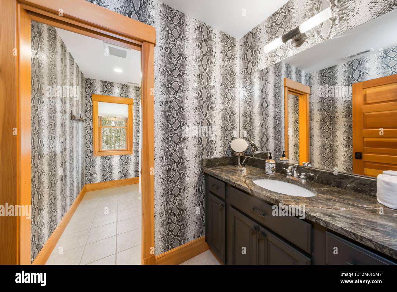 A modern bathroom interior design with a snake skin pattern. Custom ...