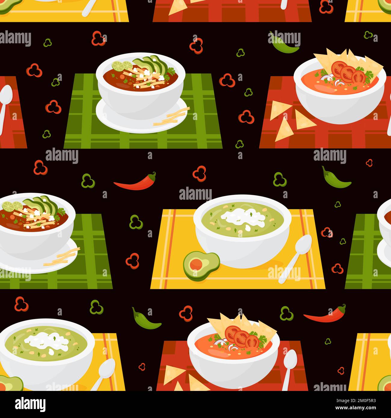 Seamless pattern with Mexican soups. Tomato Soup with tortilla chips ...