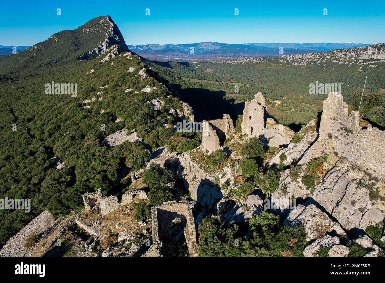 Aerial view of the Pic Saint Loup and it's surroundings in occitanie ...