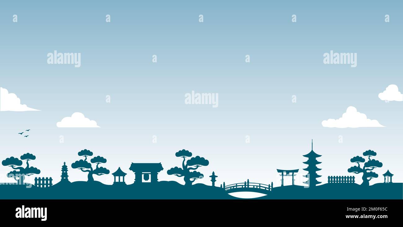 Japanese panorama landscape silhouette banner illustration Stock Vector ...