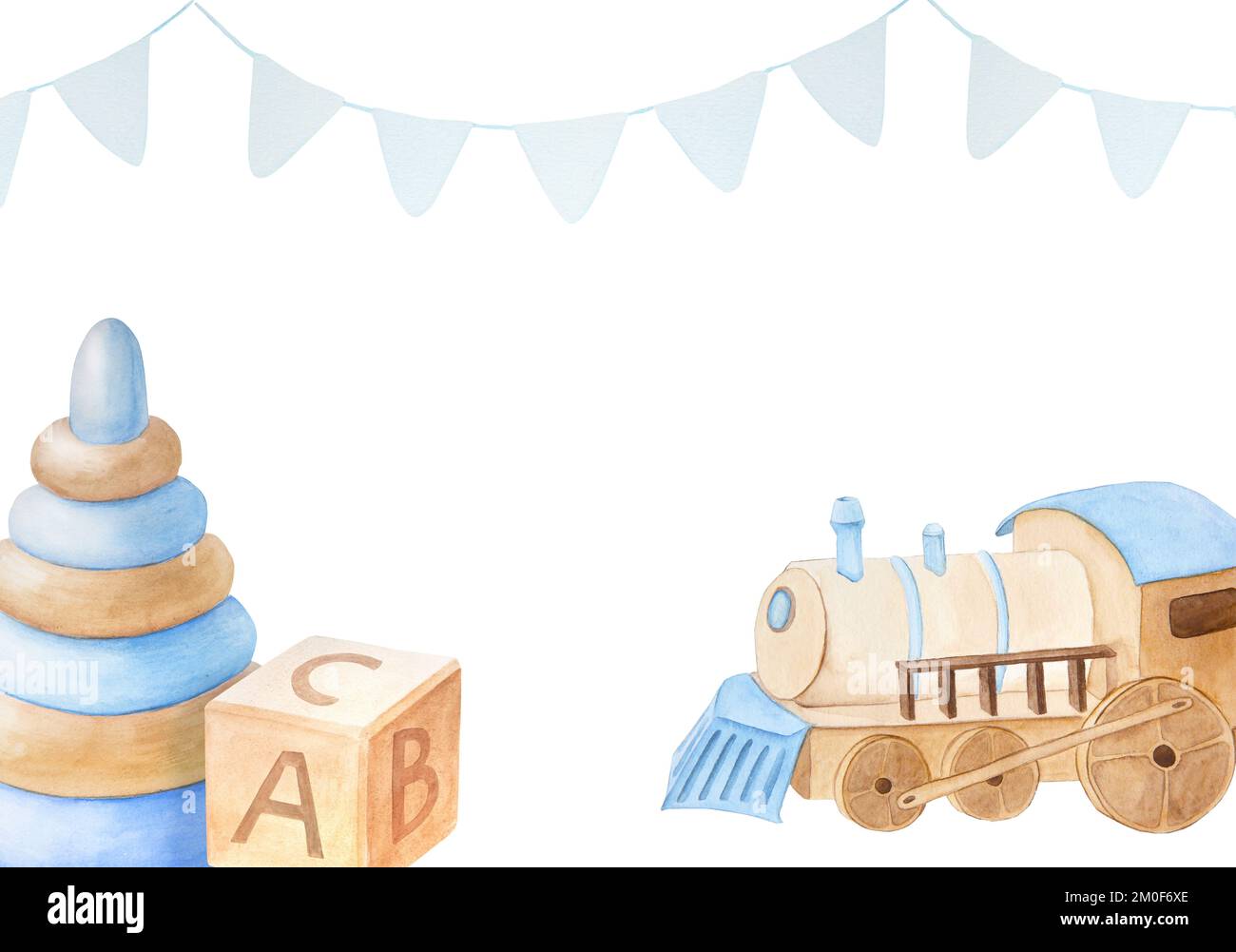 Watercolor illustration of children's toys pyramid, wooden cube, train ...