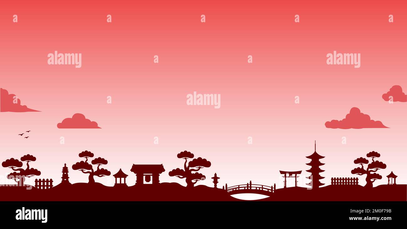 Japanese panorama landscape silhouette banner illustration Stock Vector ...