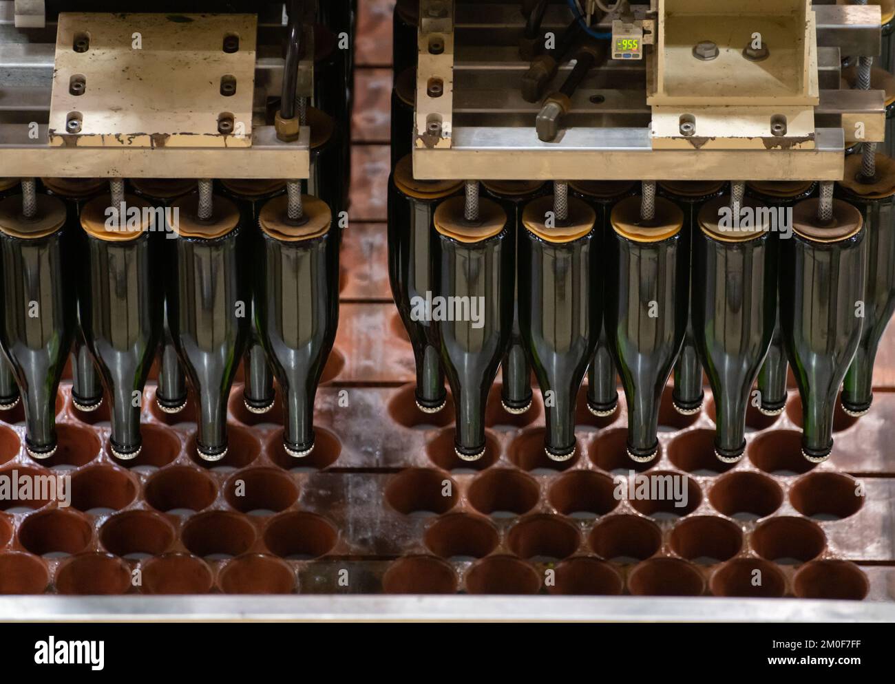 Production of cremant sparkling wine in Burgundy, France. Automatically ...