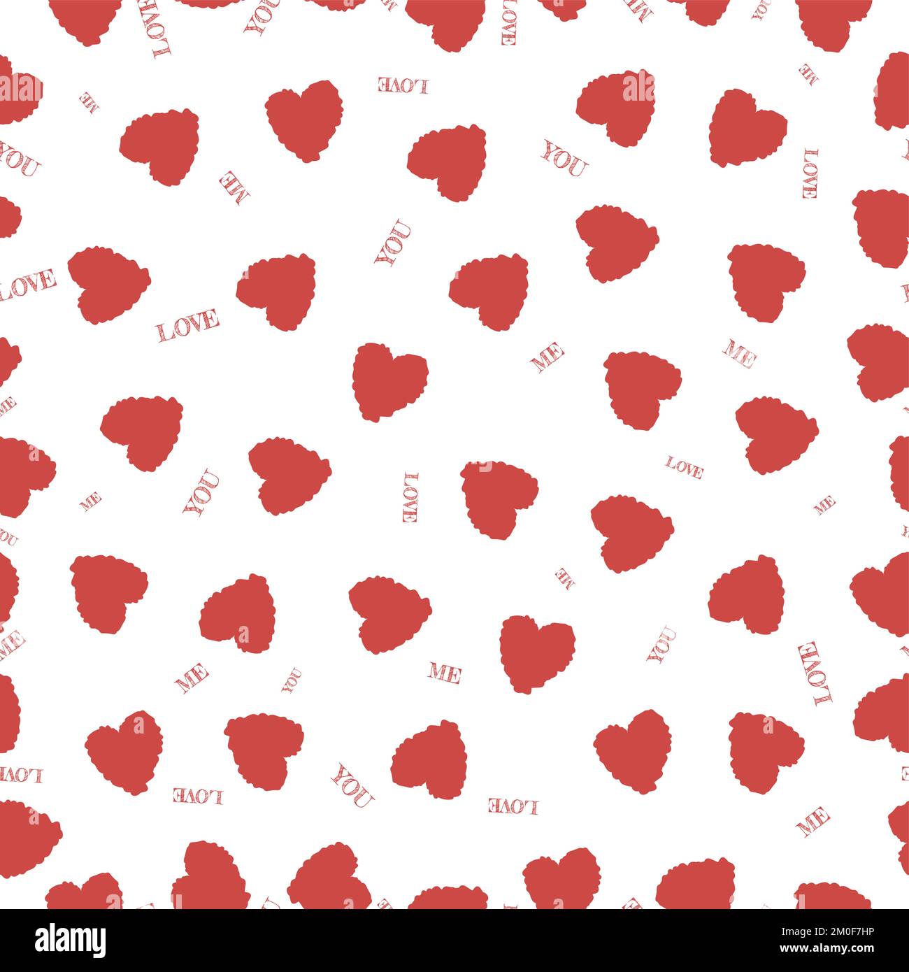 Repeated red hearts on a white background with words you, me, love ...