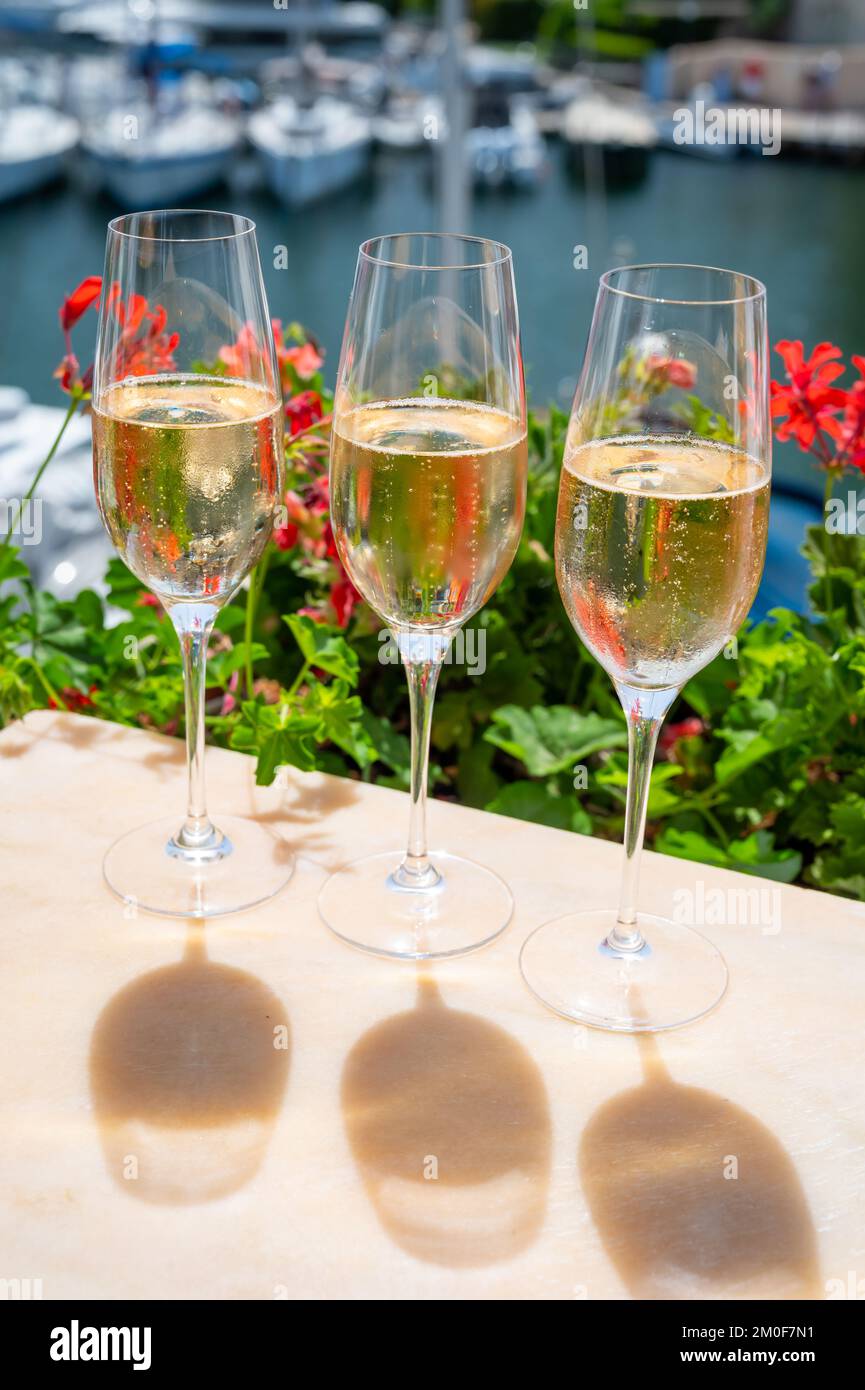 New year party, drinking of French brut champagne sparkling wine in ...