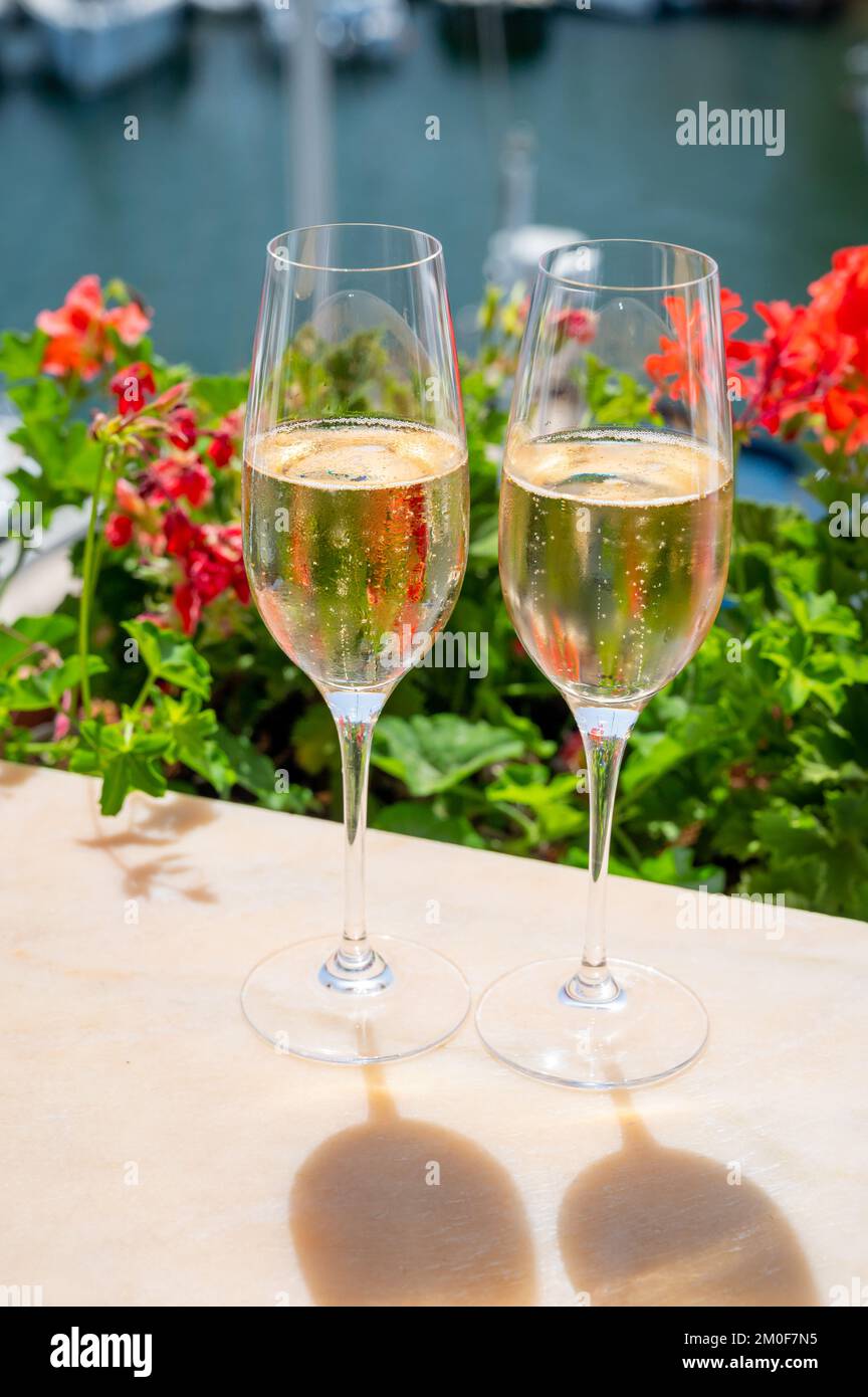 New year party, drinking of French brut champagne sparkling wine in ...