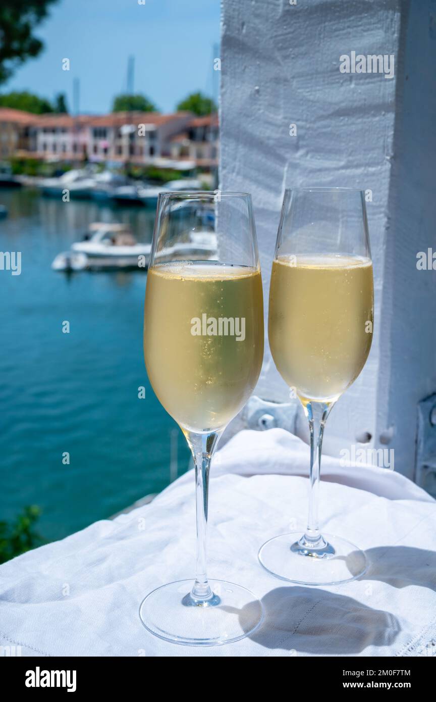 Summer party, drinking of French brut champagne sparkling wine in ...