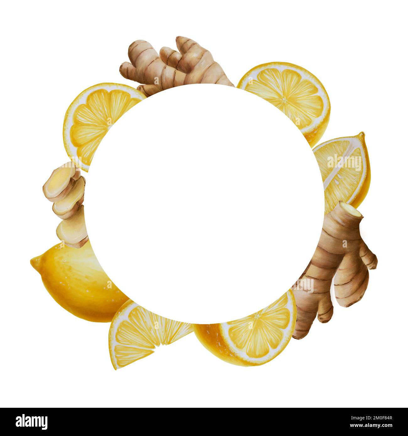 Watercolor frame with ginger and lemon. Includes ginger root and leafs ...