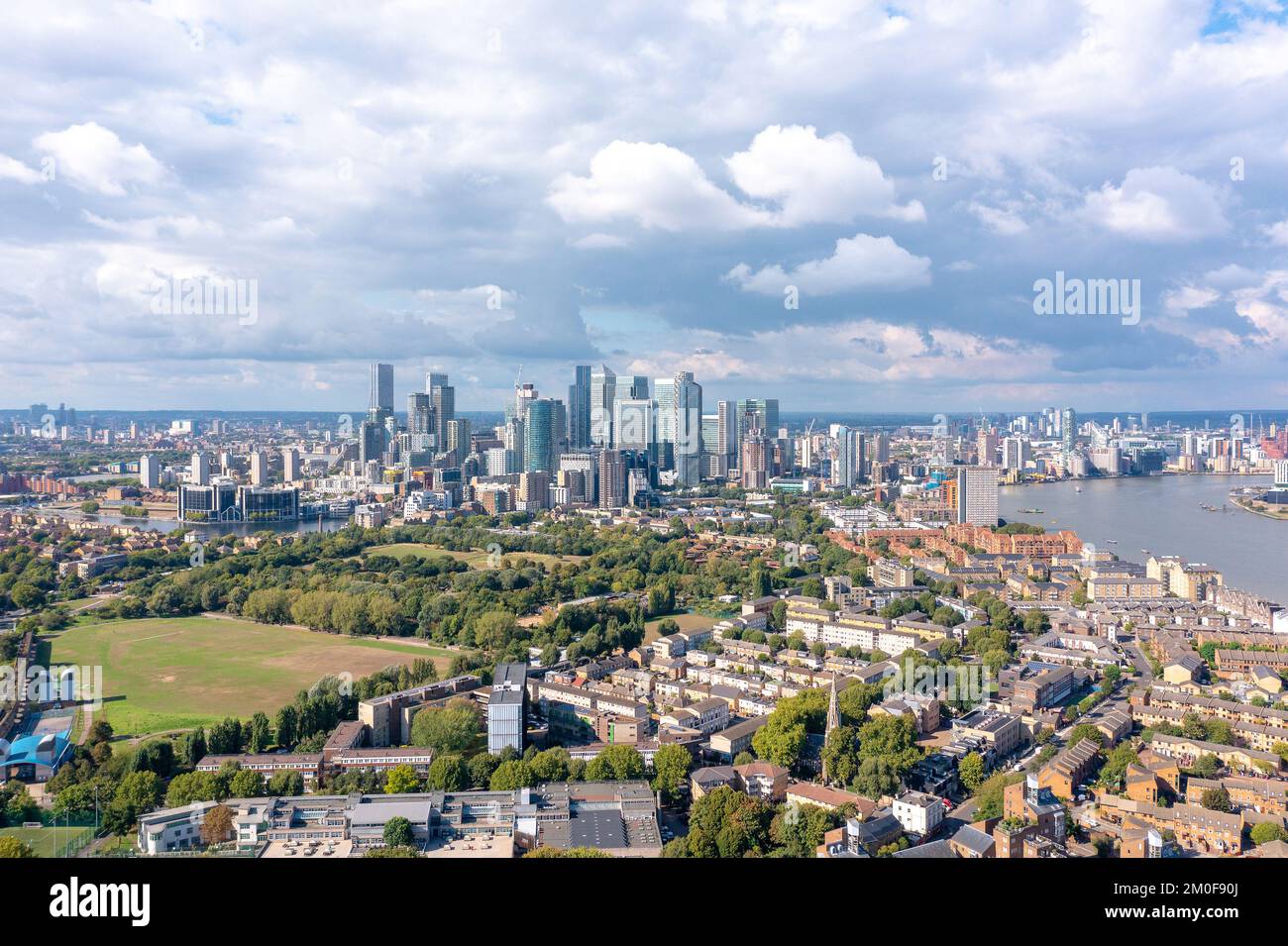 London, the city on the river bank, with residential buildings, green ...