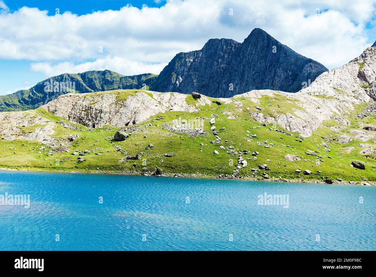 Climbing up mount Snowdon in North Wales. View of the hills and ...