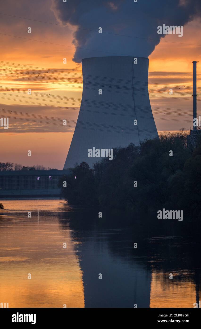 Isar 2 nuclear power plant at red sunset, Germany, Bavaria, Niederbayern, Lower Bavaria Stock ...