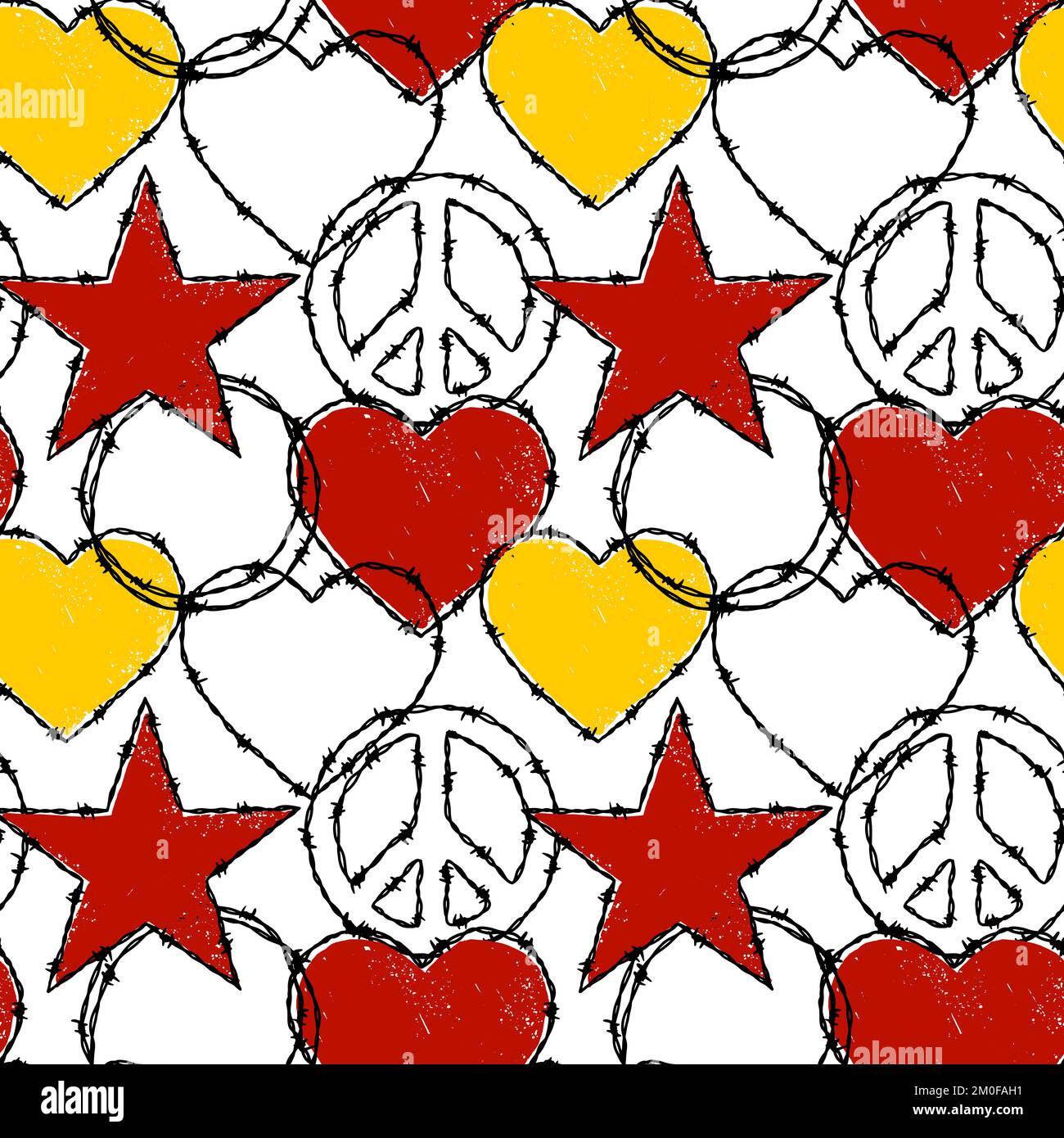 Barbwire seamless pattern with hearts and peace sign. Hand drawn vector ...