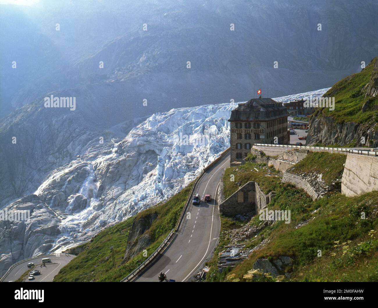 Rhone glacier behind the Hotel Belvedere in 1989, Switzerland, Valais ...