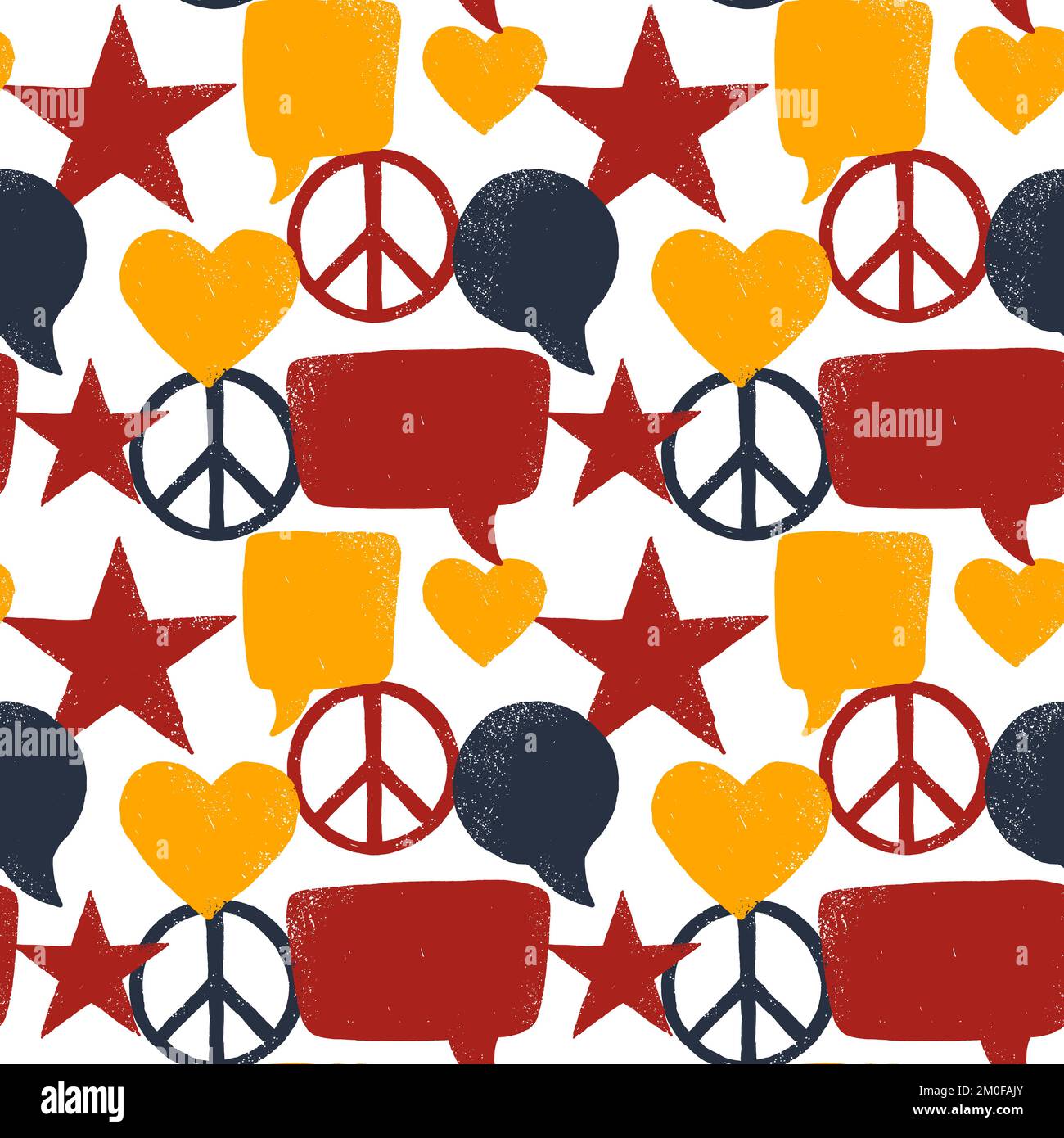 Textured seamless pattern with stars, peace sign and hearts. Vector ...