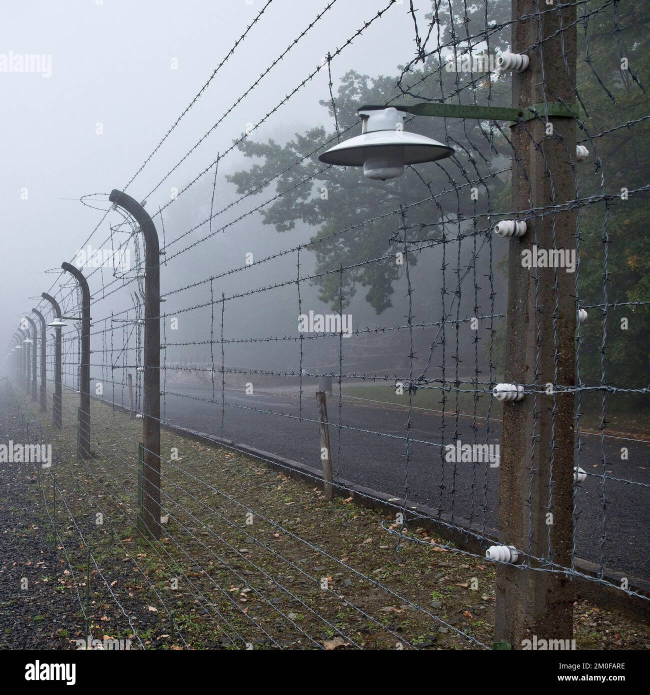 reconstructed camp fence in the fog in the Buchenwald concentration ...