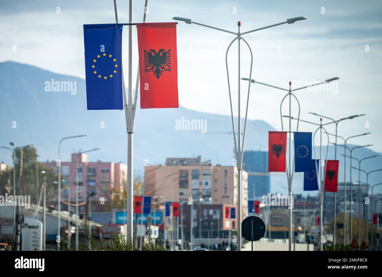 Tirana, Albania. 06th Dec, 2022. EU and Albanian flags fly in Tiranan at the EU-Western Balkans ...