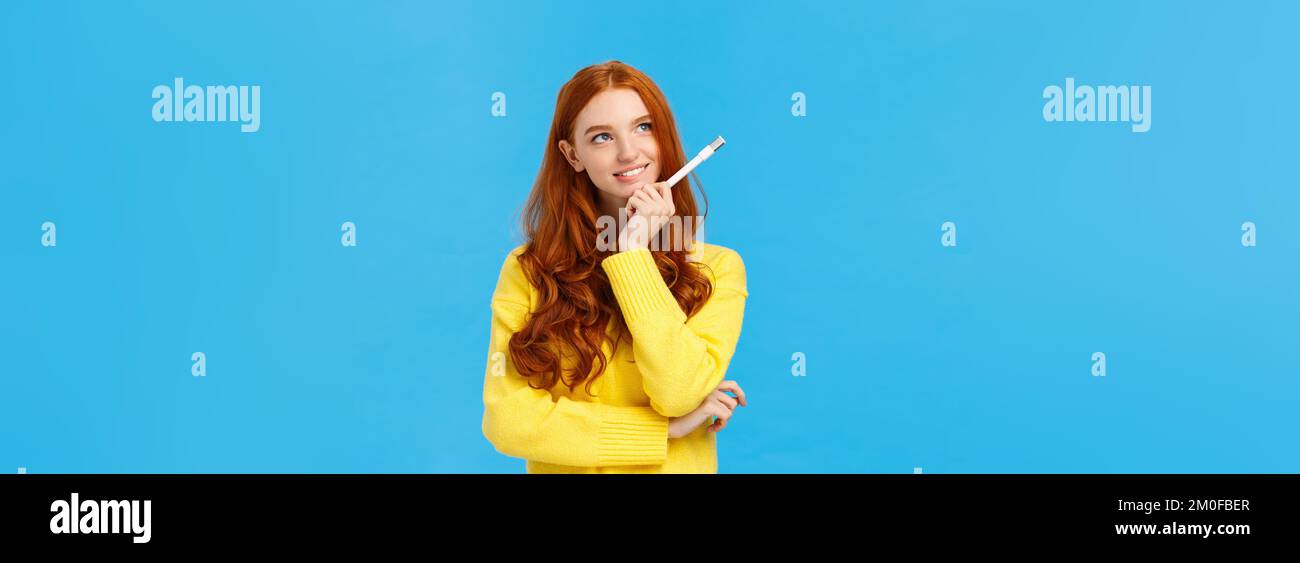 Creative and inspired cute excited redhead woman, journalist or writer ...