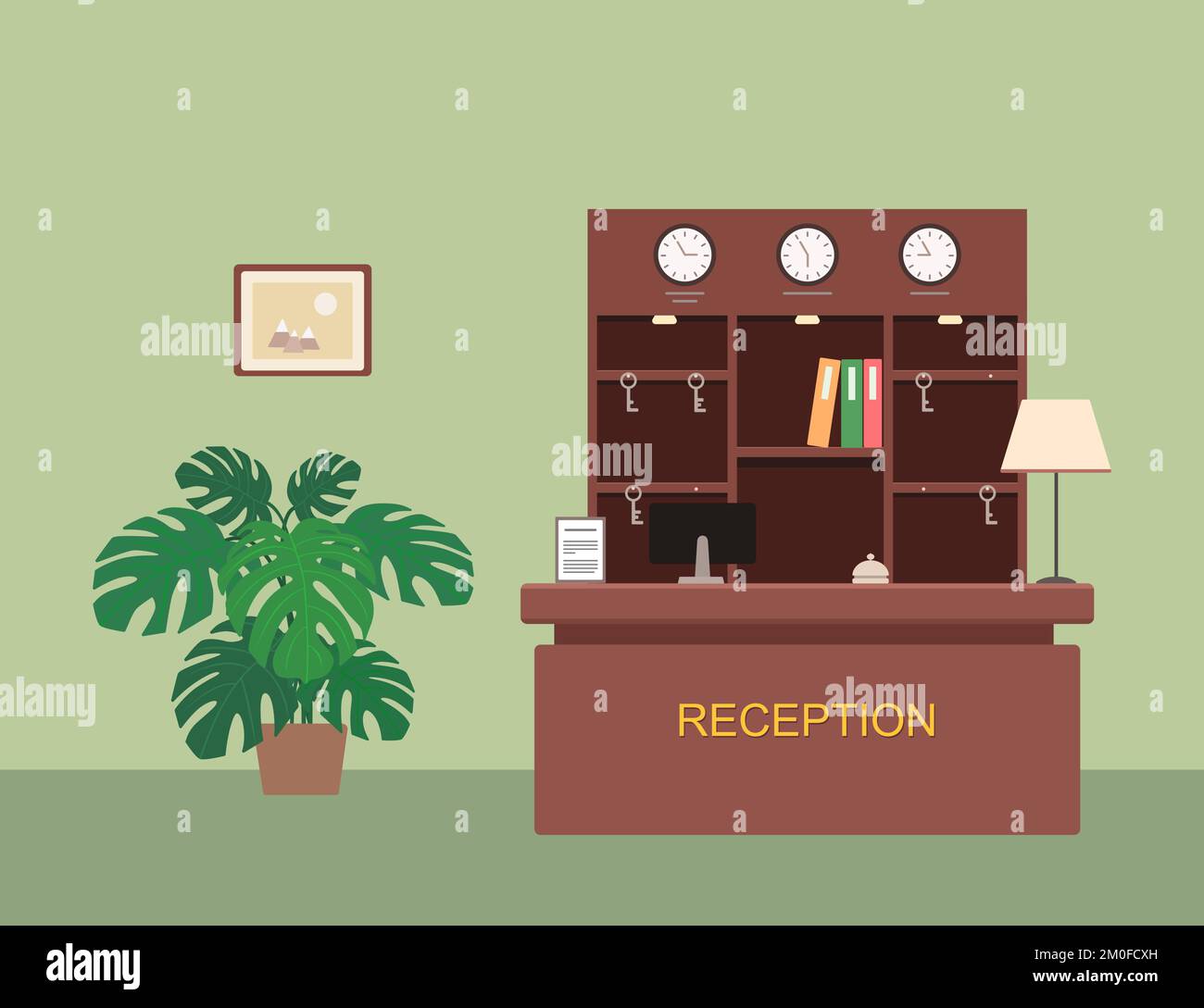 Reception desk in lobby of hotel. Hotel interior concept. Cartoon flat ...