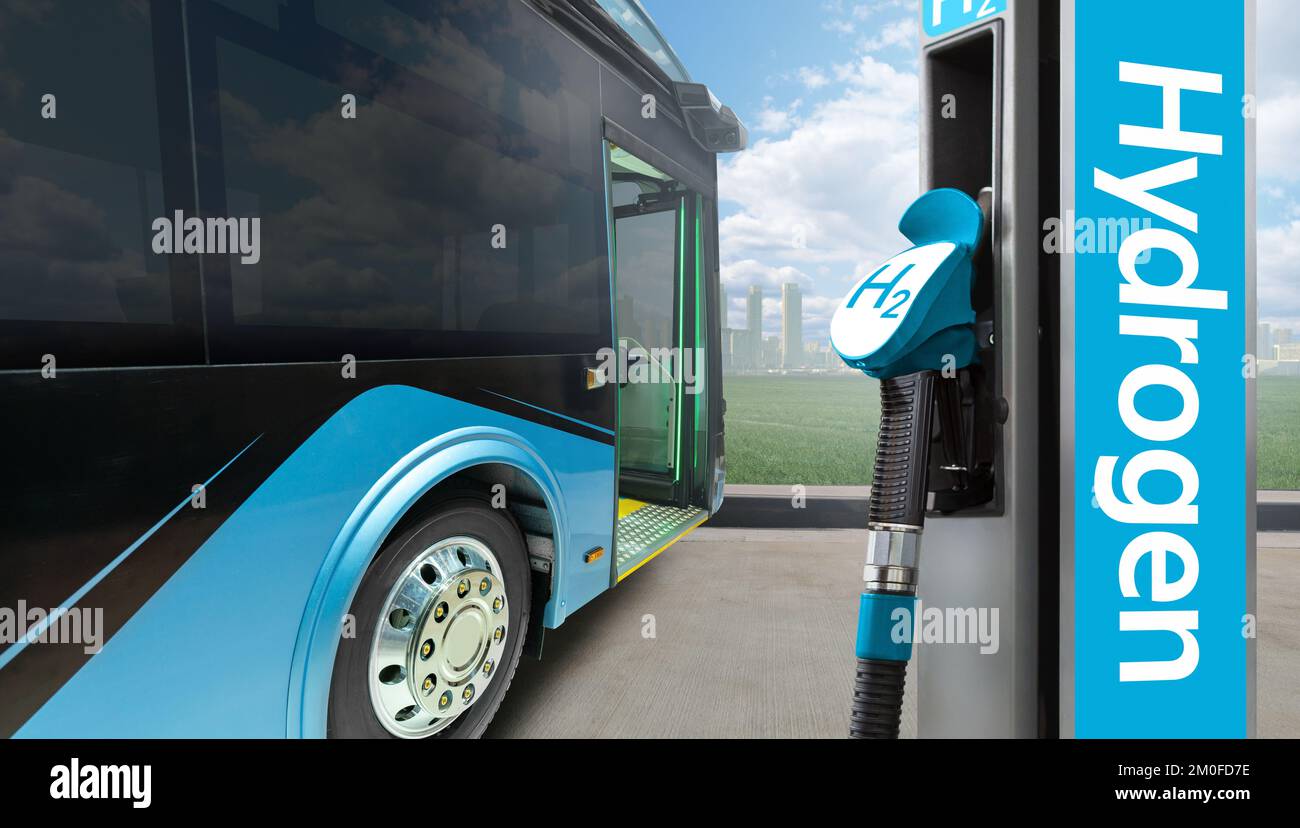 Bus on hydrogen fuel with H2 filling station Stock Photo - Alamy