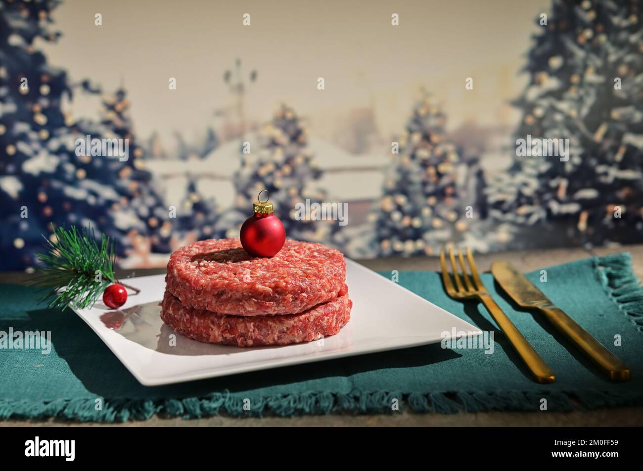Abstract Beef Raw Minced Homemade Meat with Red Christmas Ball onTop ...