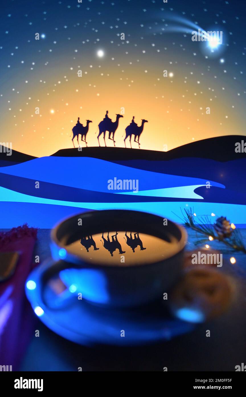 Abstract Nativity Of Jesus. Reflexion of Three Wise Men in Cup of Tea ...