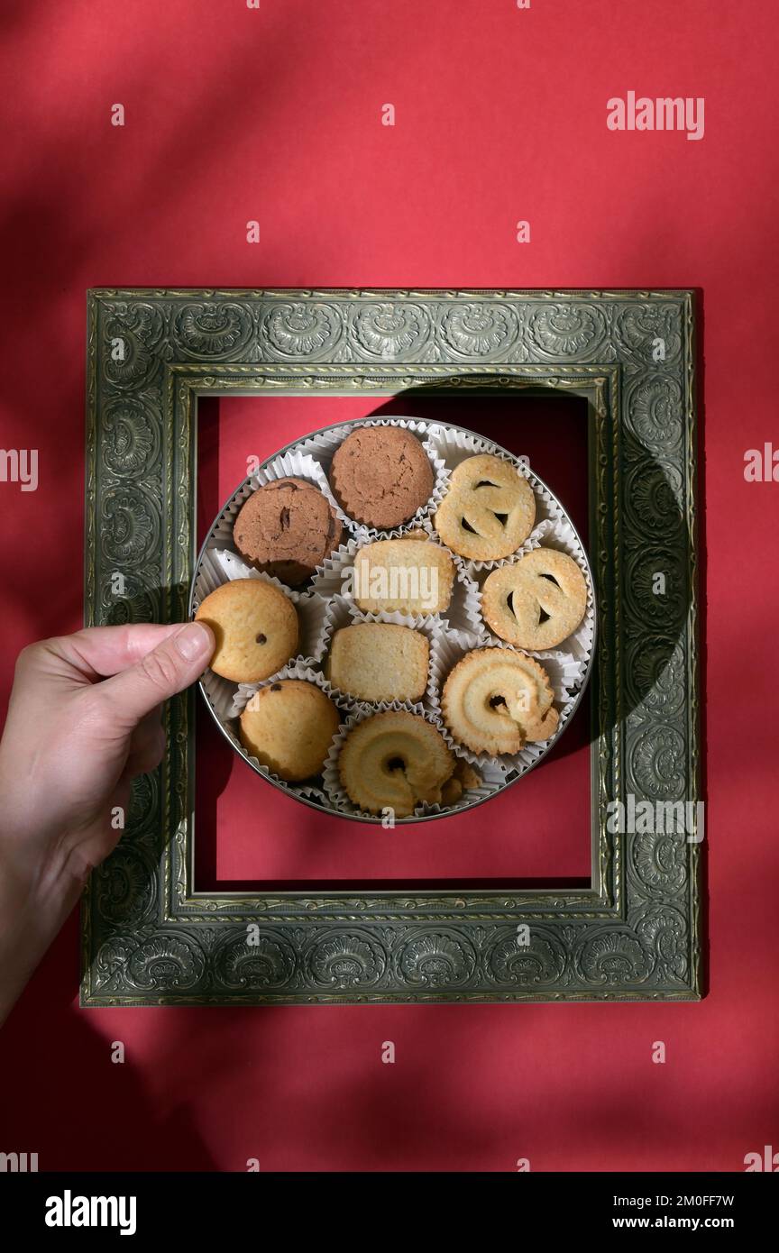 Abstract Box of Christmas Cookies Inside of Classic Frame Stock Photo ...