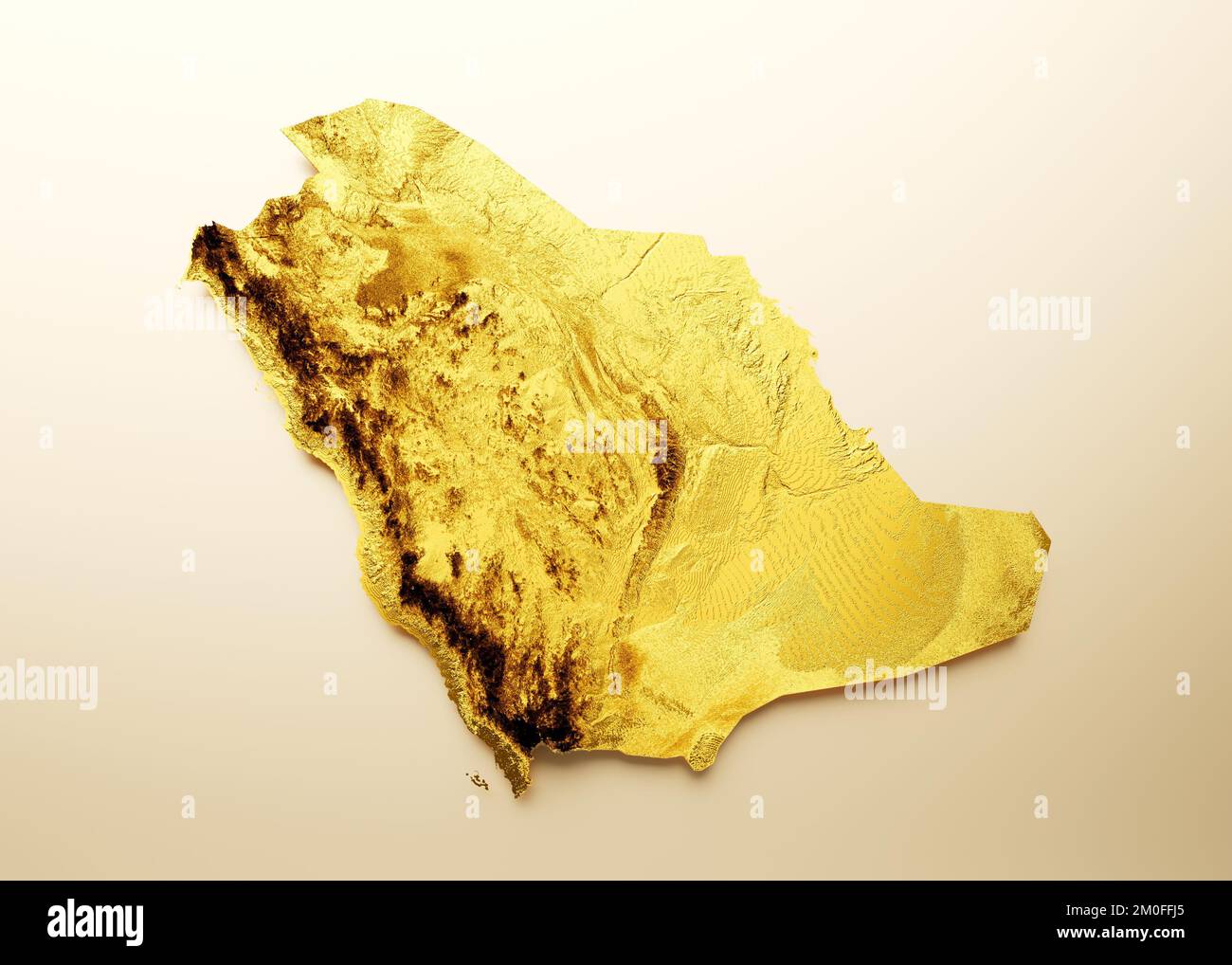 A 3D rendering of the gold metal map of Saudi Arabia isolated on a ...