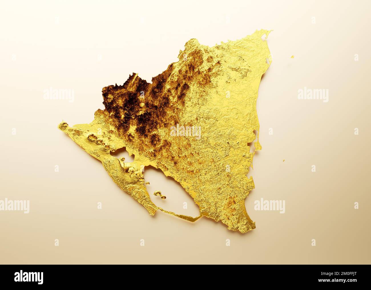 A 3D rendering of the gold metal map of Nicaragua isolated on a light ...