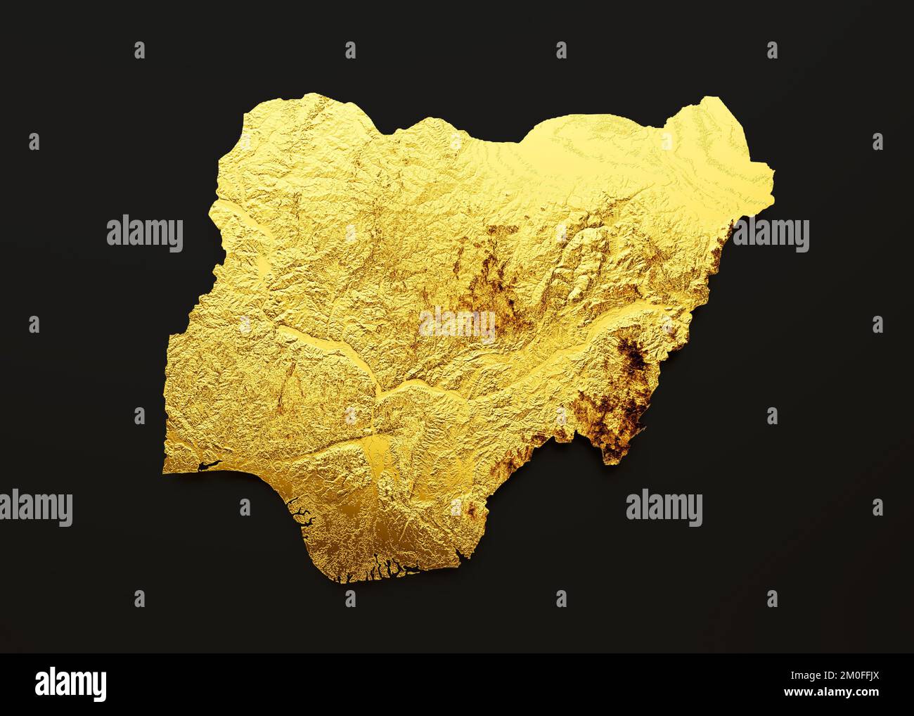 A 3D rendering of the gold metal map of Nigeria isolated on a black ...