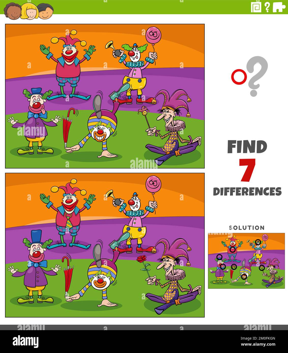Cartoon illustration of finding the differences between pictures educational task with funny ...