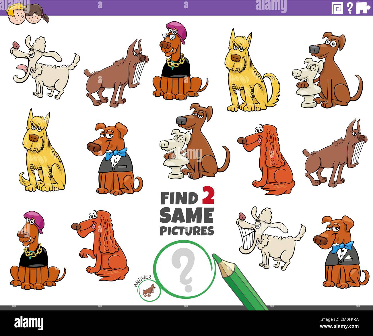 Cartoon illustration of finding two same pictures educational task with ...