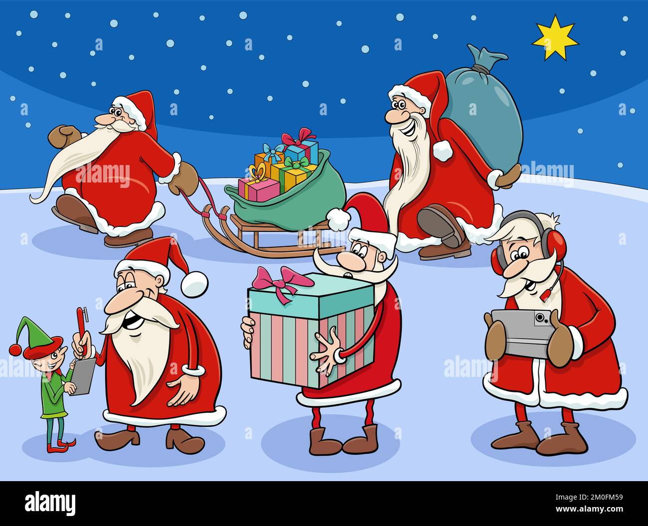 Cartoon illustration of Santa Clauses comic characters on Christmas ...