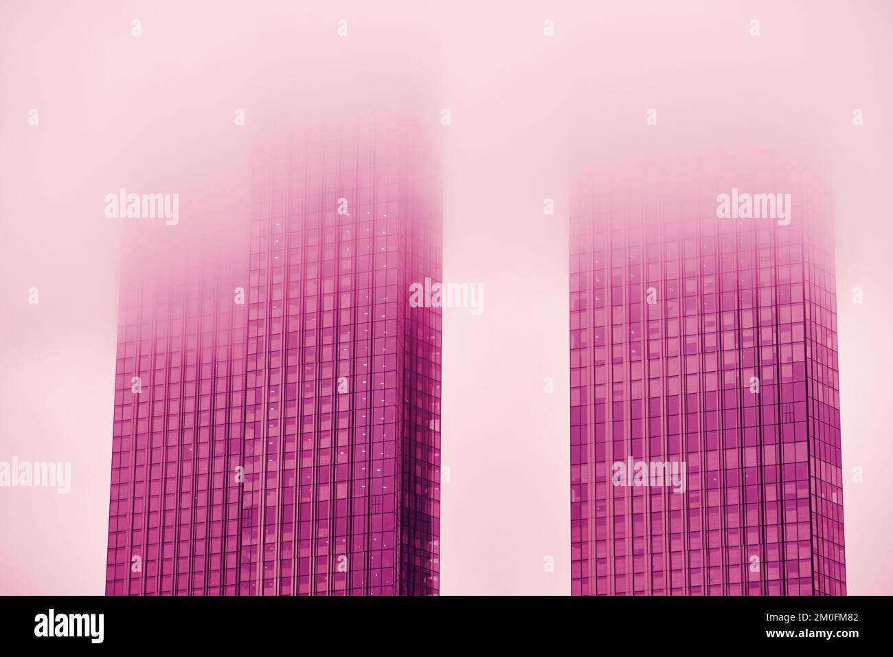 Windows of skyscrapers in the fog, background copy space. Metal ...