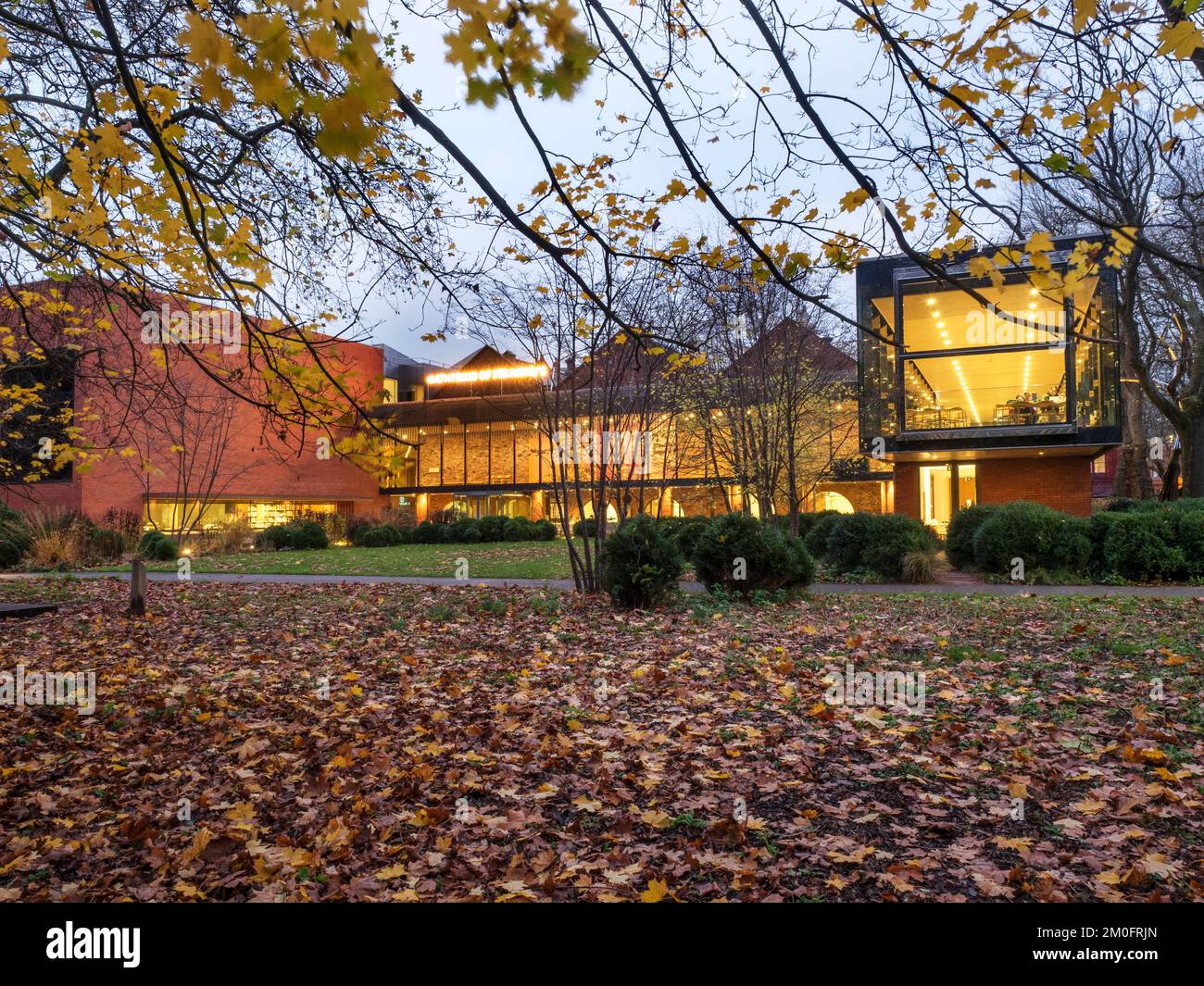 The Whitworth art gallery extension from Whitworth Park at dusk ...