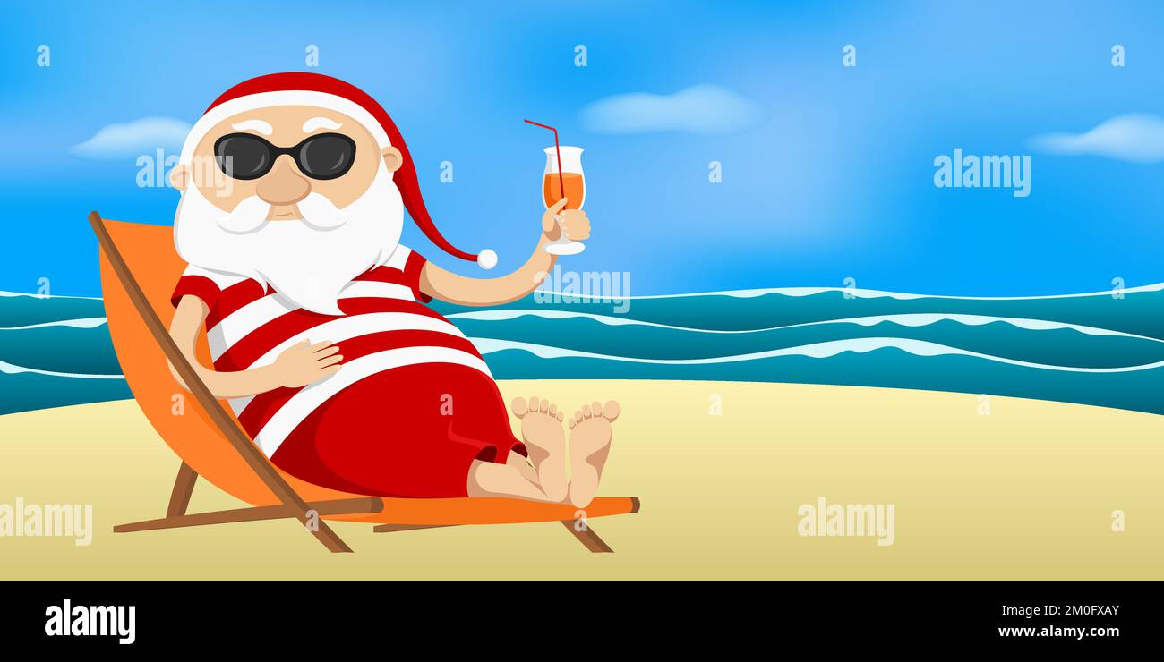 Santa Claus resting on beach and drinking juice. Vector illustration ...