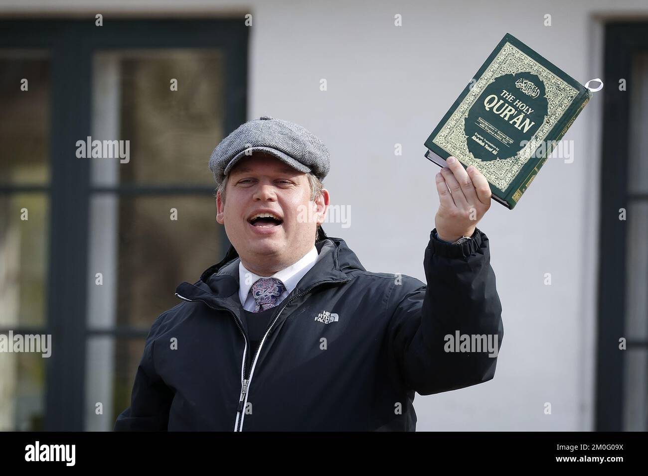 Rasmus Paludan, leader of the party Hard Line, demonstrates at Bronshoj ...