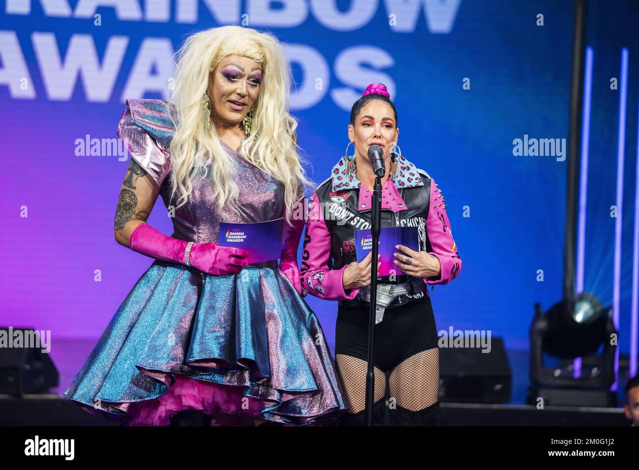 Members of the band Aqua Rene Diff (in drag) and Lene Nystrom on stage ...