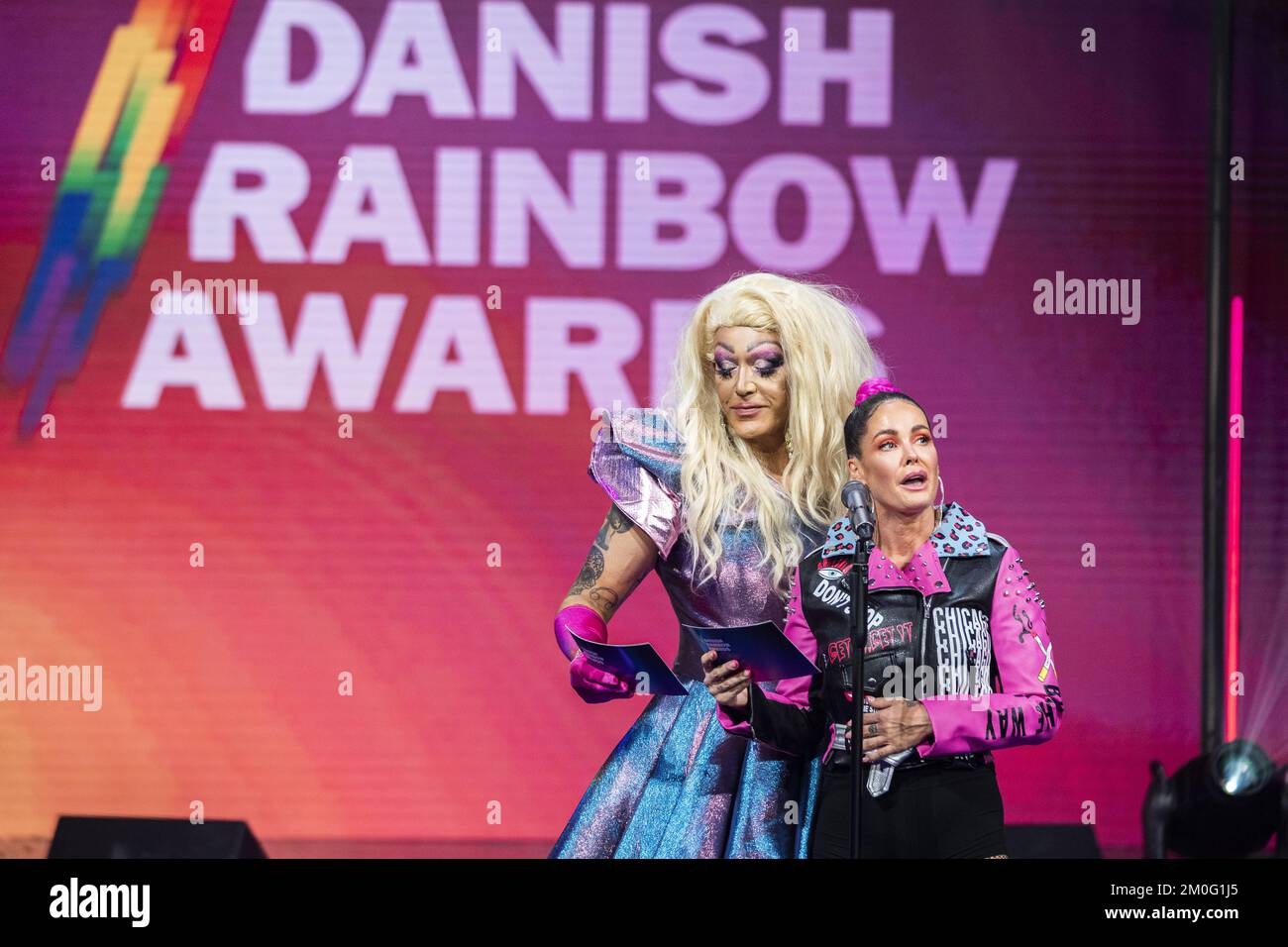 Members of the band Aqua Rene Diff (in drag) and Lene Nystrom on stage ...