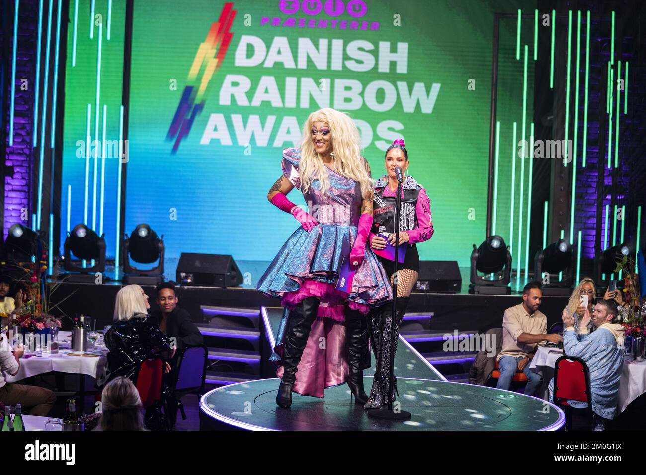 Members of the band Aqua Rene Diff (in drag) and Lene Nystrom on stage ...