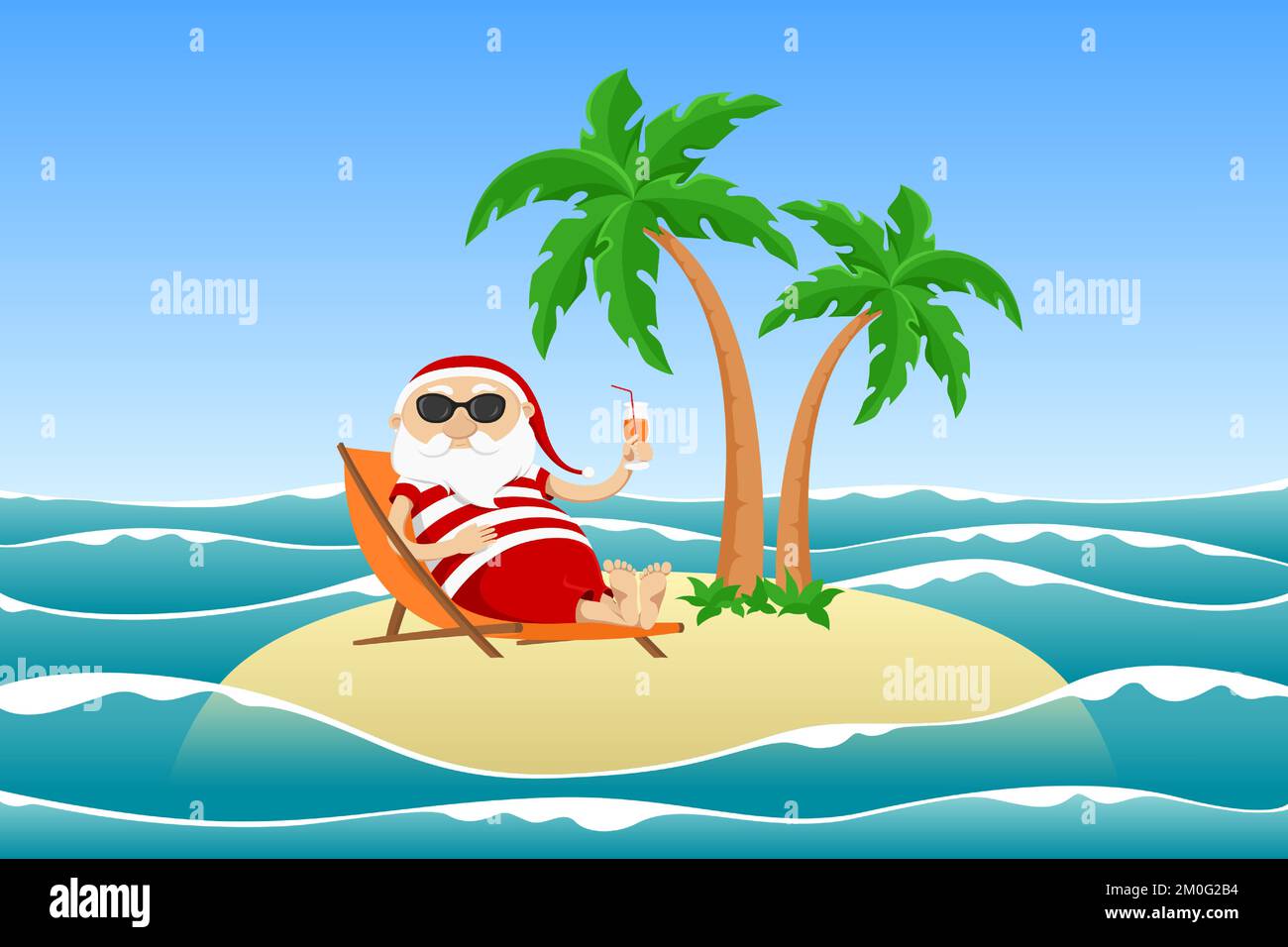 Santa resting on desert island in chaise longue and drinking juice ...