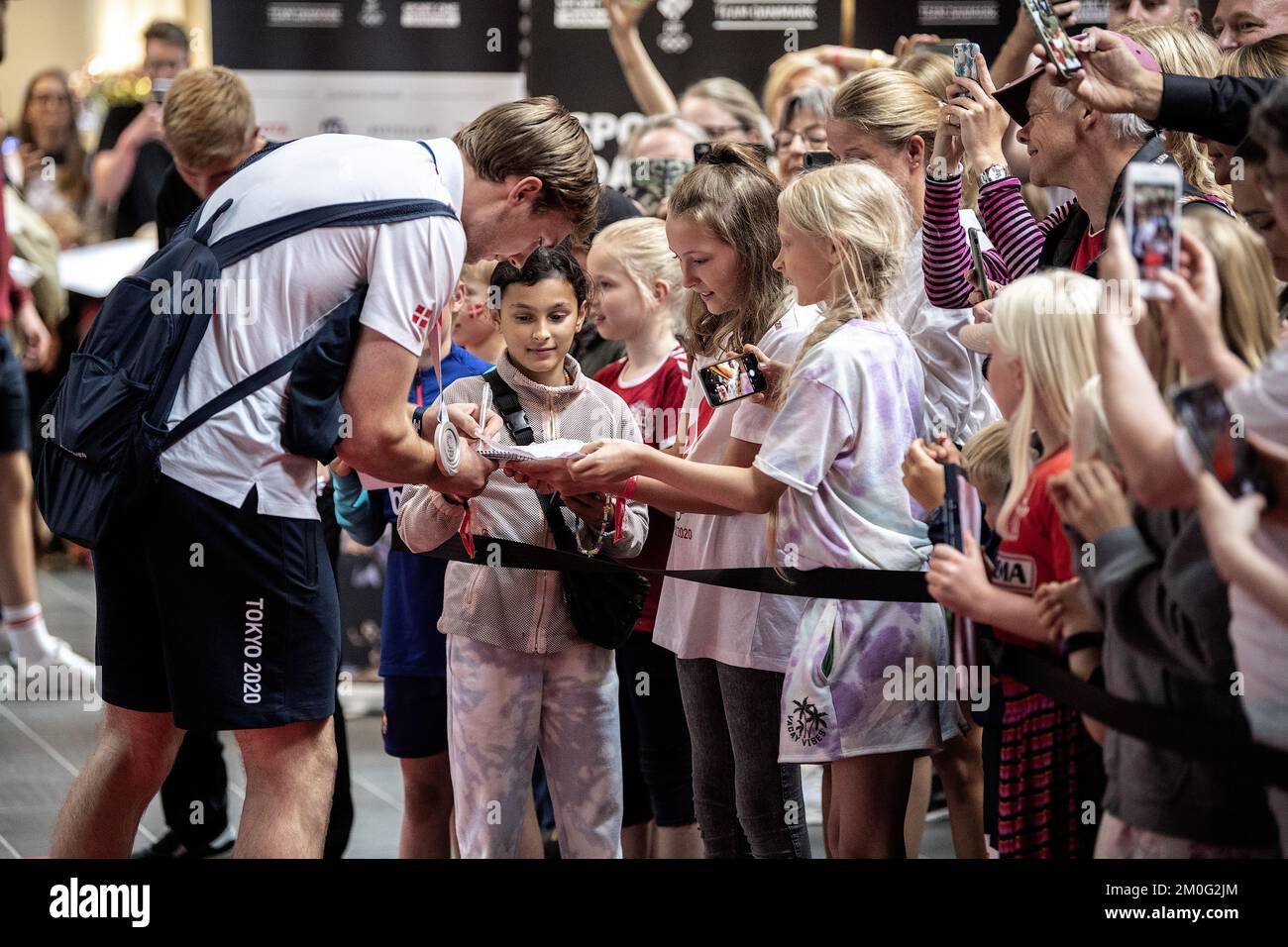 Handball player Mathias Gidsel arrives at the welcome home party for ...