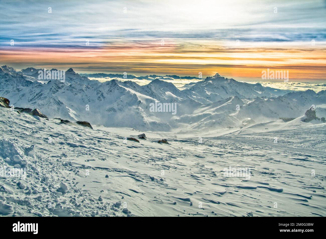 Greater Caucasus Mountain Range. Slopes are covered with snow above ...