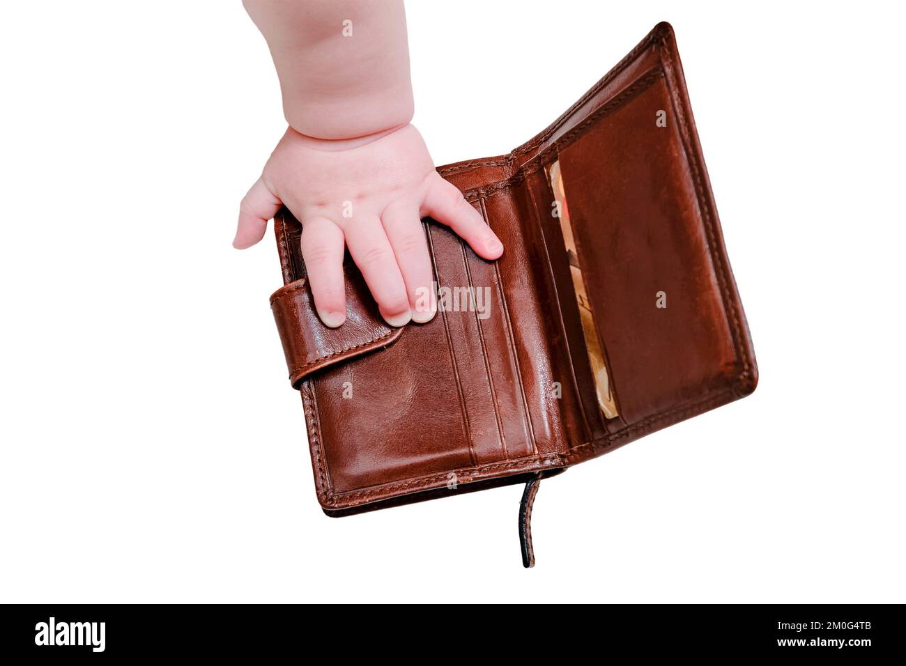 Baby hand and wallet, close-up, isolated on a white background ...