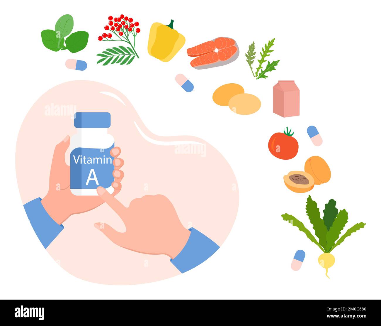 Vector illustration Hands holds bottle with supplement pills vitamin A ...