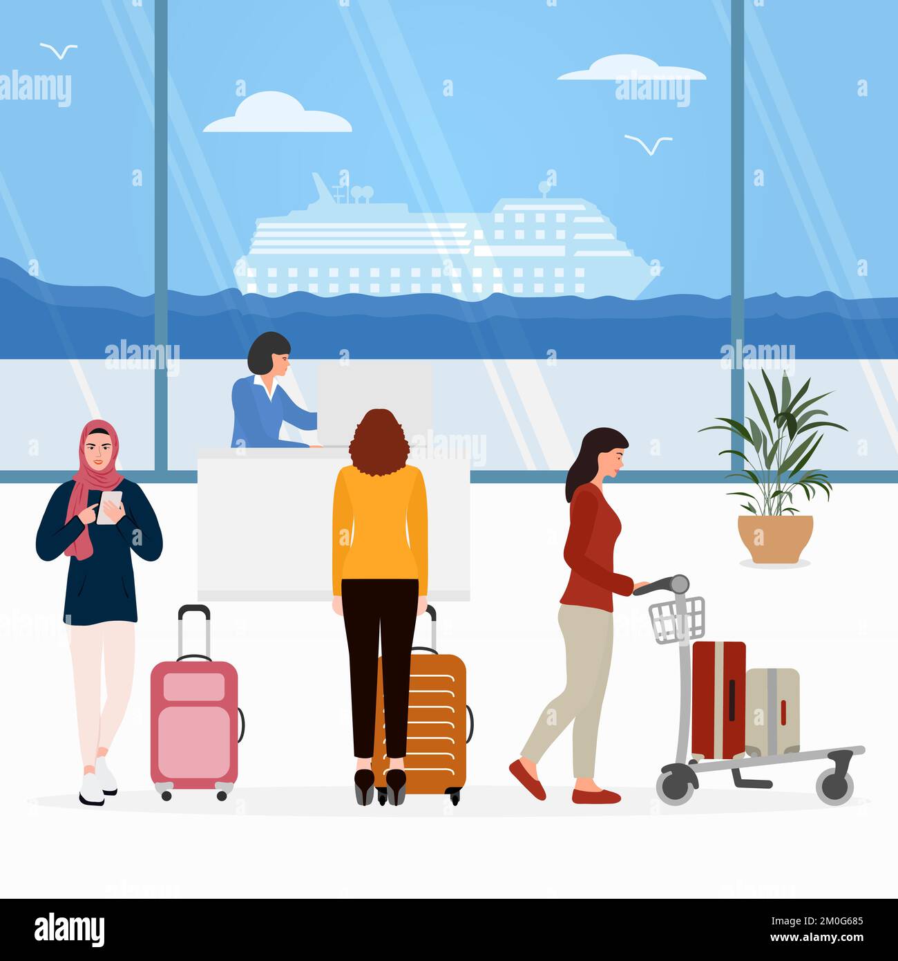 Vector illustration Muslim woman with suitcase use cell phone ...