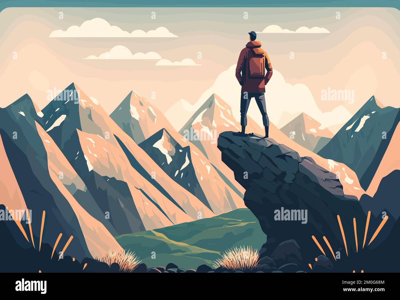 A vector illustration of a hiker standing on the edge of a cliff and gazing at the landscape ...