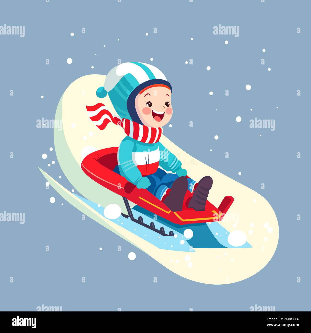 A vector of a happy kid sliding down a snowy hill with his sledge on ...